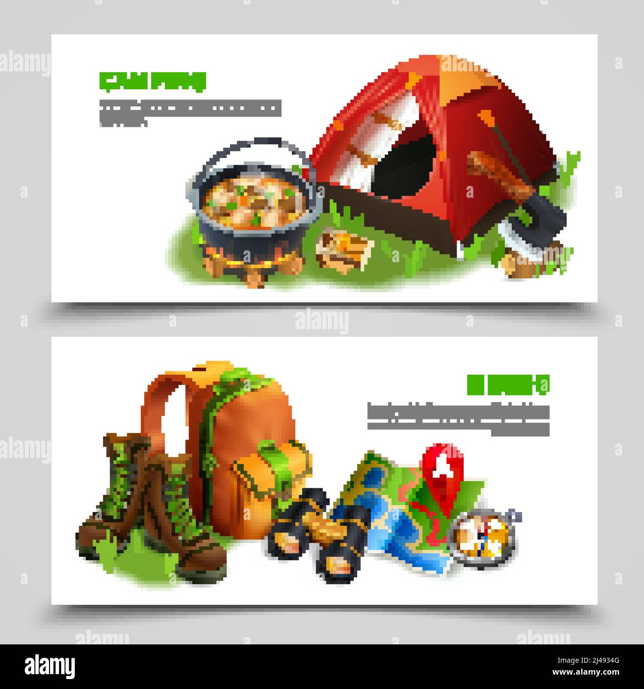 Two horizontal camping realistic flyer set camping and hiking headlines ...