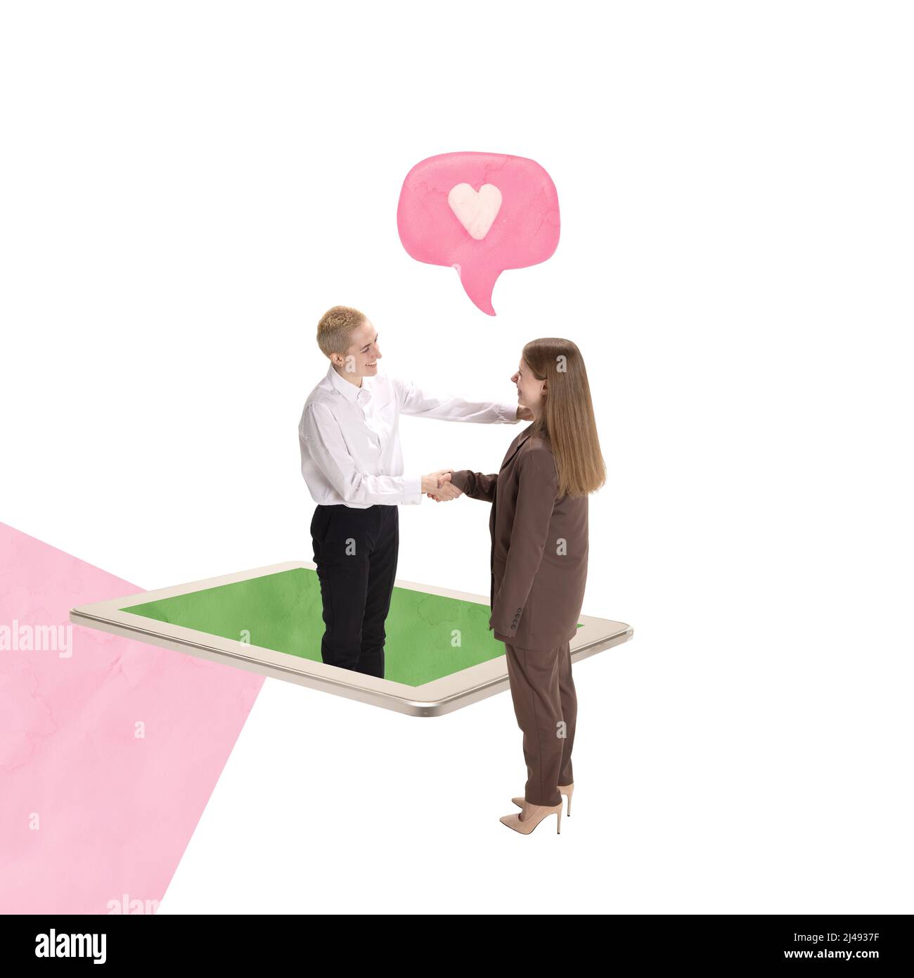 Contemporary art collage. Businesswomen, employees shaking hands ...