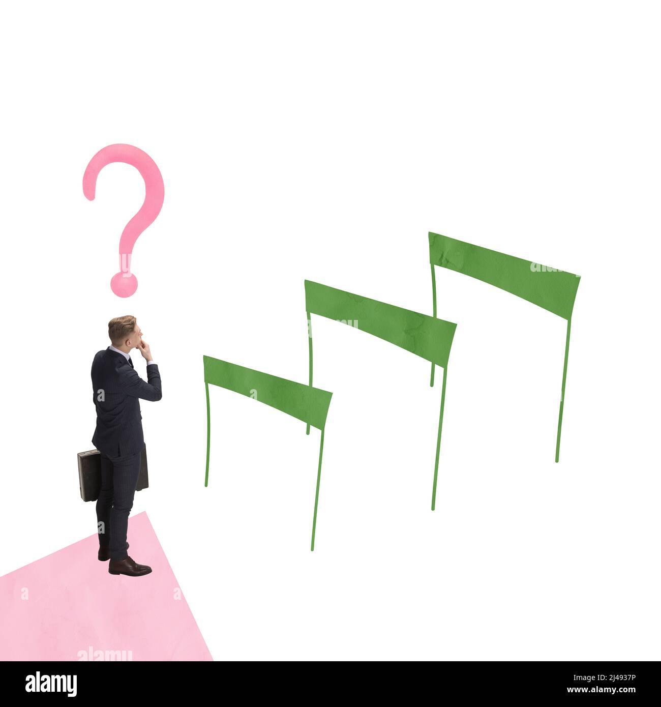 Contemporary art collage. Businessman, motivated employee standing in ...