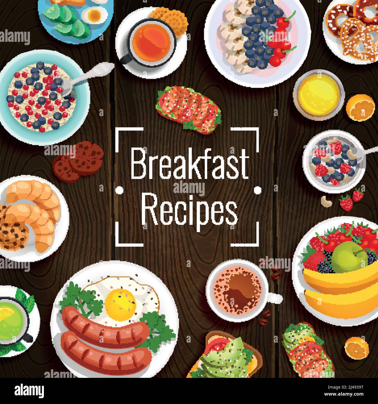 Breakfast recipes design concept with set of various dishes for ...