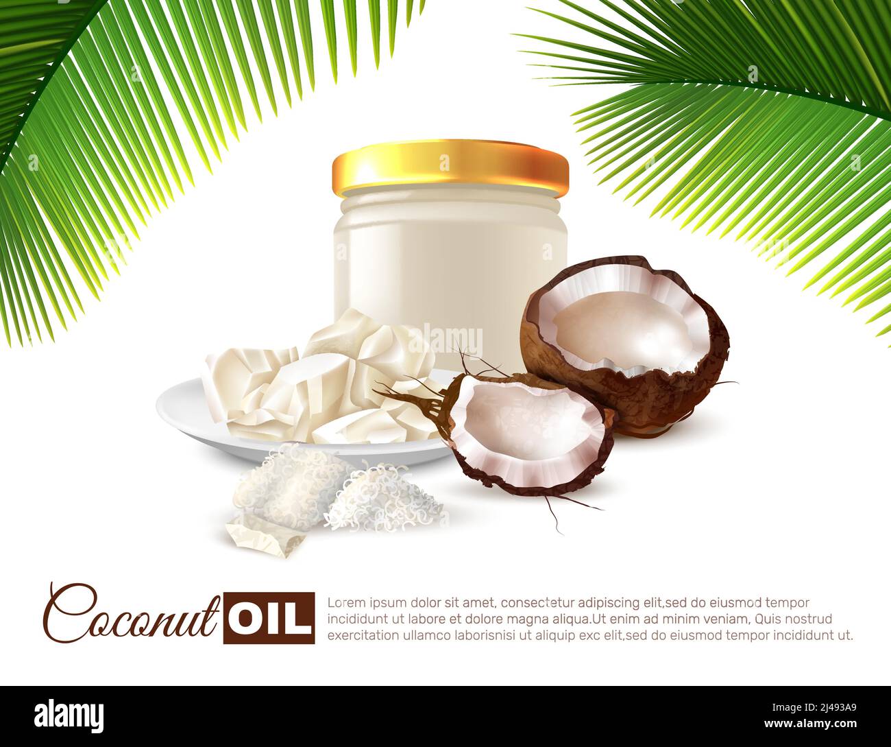 Coconut oil realistic poster with half nuts can of oil and palm leaves ...