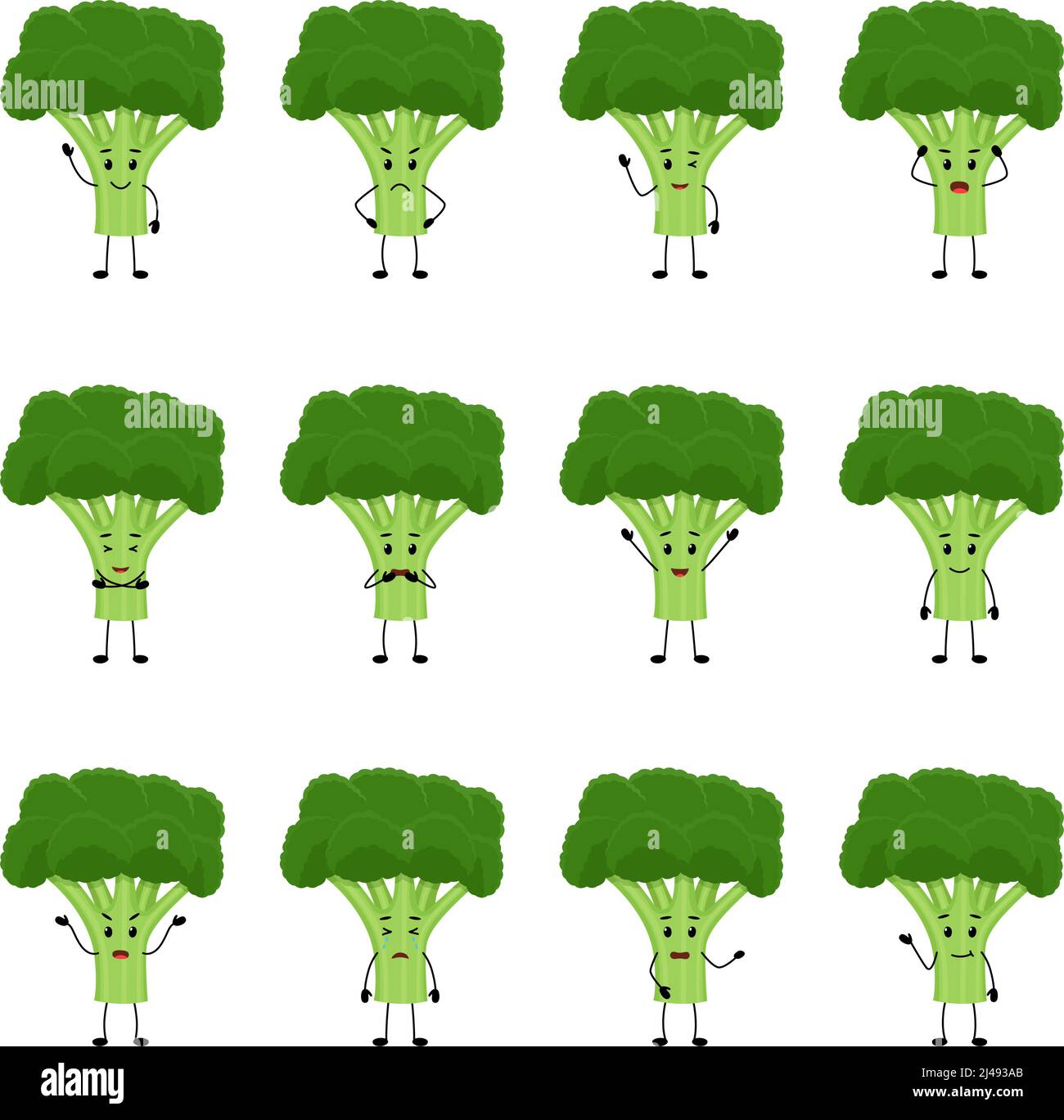 Broccoli. Cute vegetable characters with different emotions, vector ...