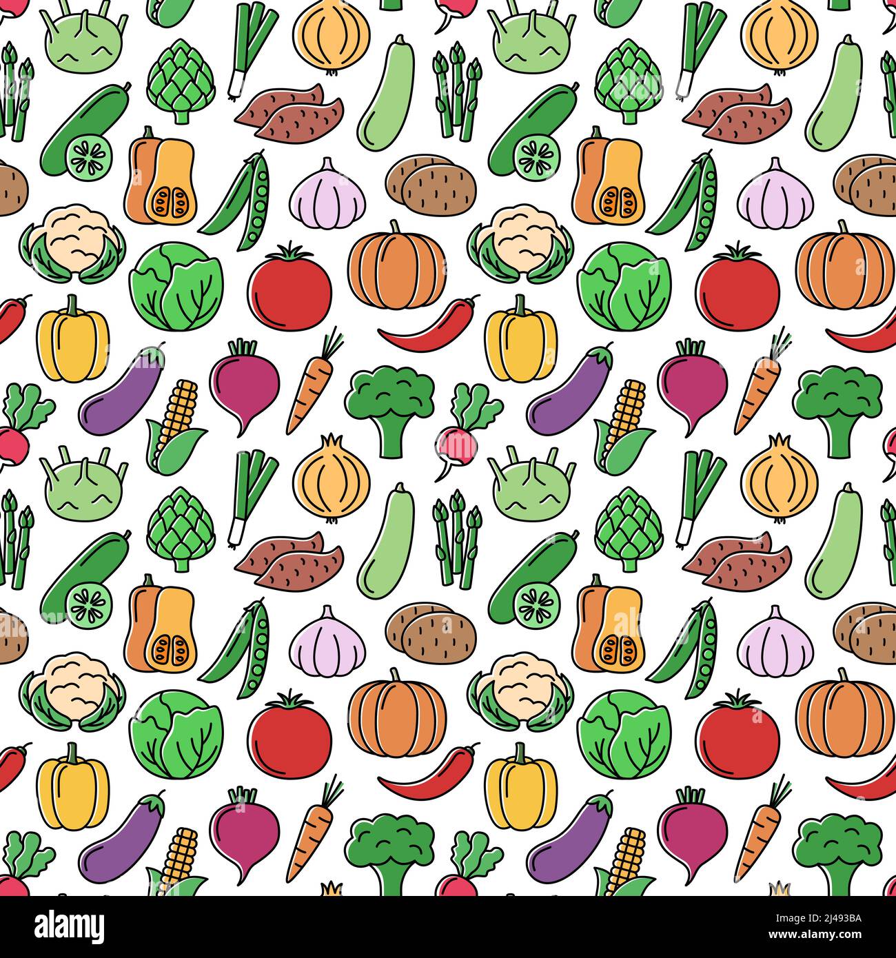 Seamless patern with color icons of vegetables, vector illustration ...