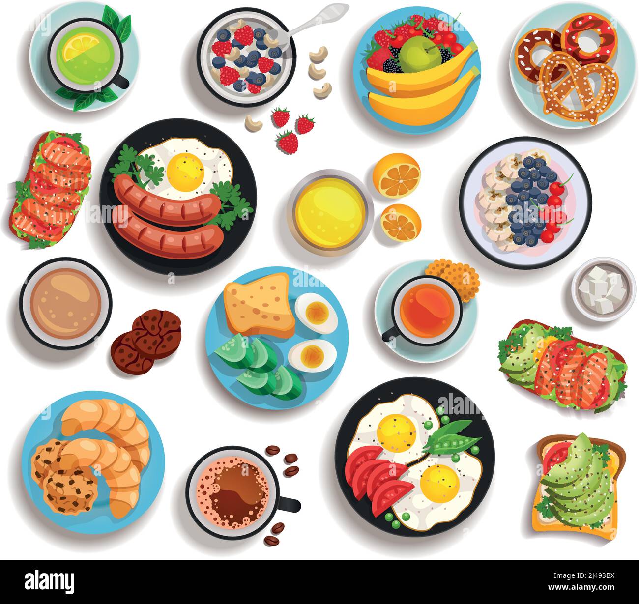 Breakfast isolated set of top view dishes laid out on tableware or pan ...