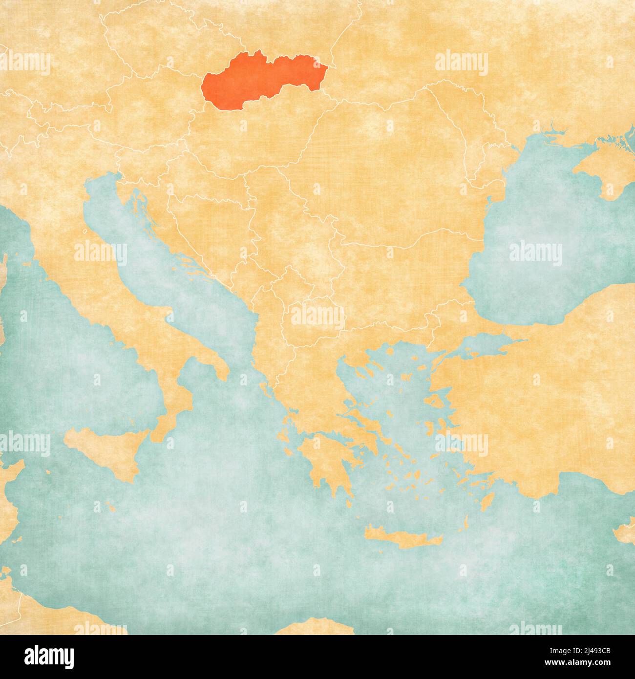 Slovakia on the map of Balkans in soft grunge and vintage style, like ...