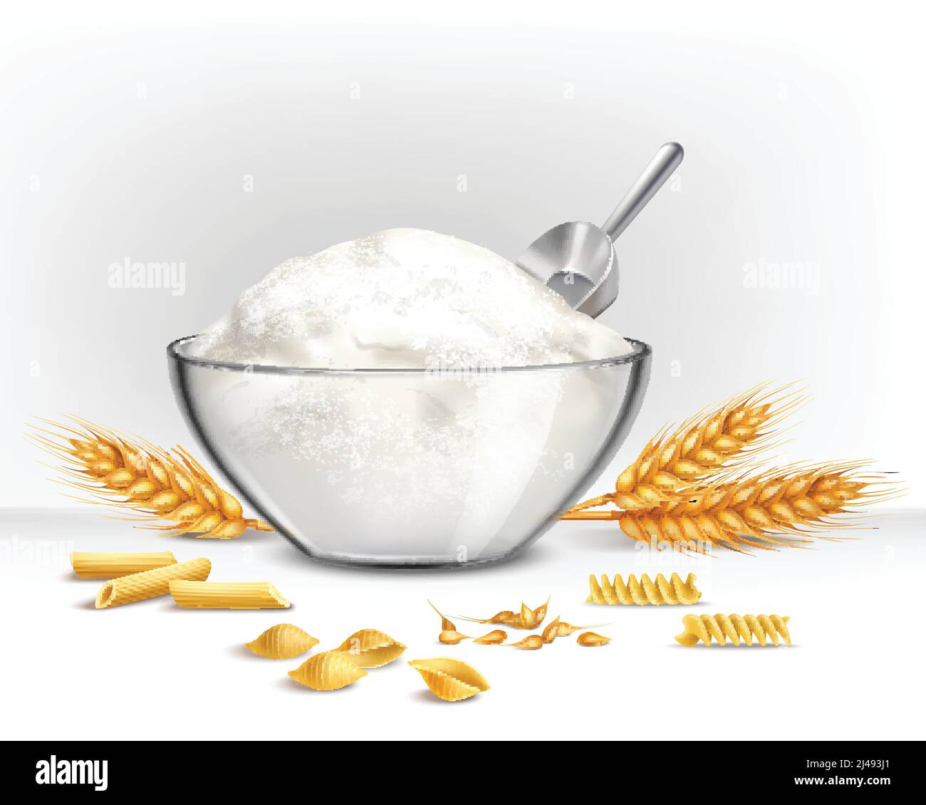 Bowl of wheat flour with grain and cereal symbols realistic vector ...