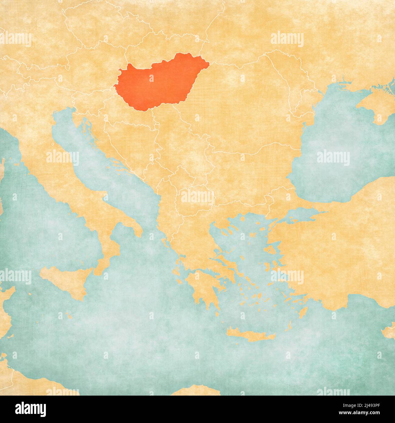 Hungary on the map of Balkans in soft grunge and vintage style, like ...