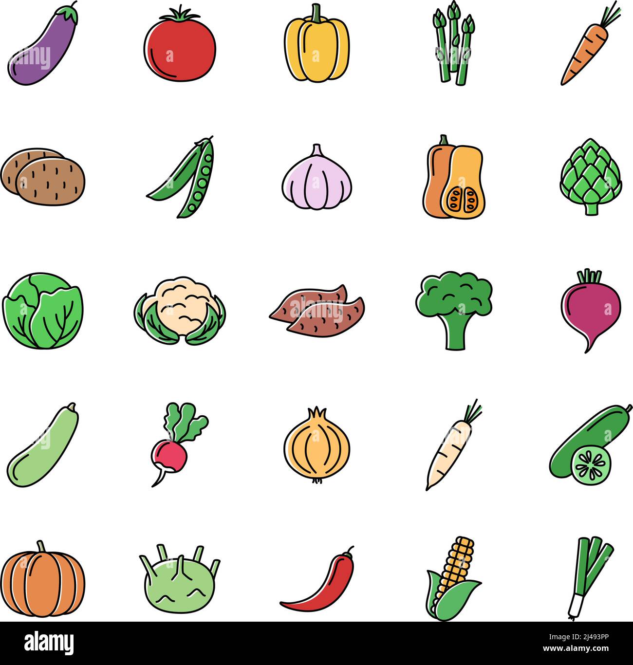 Set of color line icons of vegetables on white background, vector ...