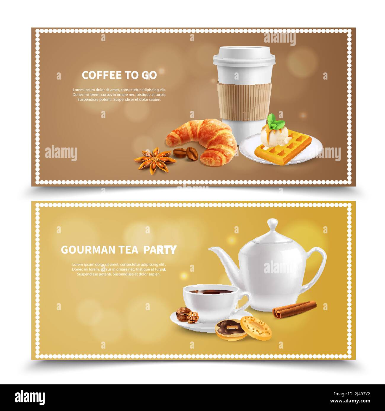 Two horizontal banners with coffee and various desserts for breakfast ...