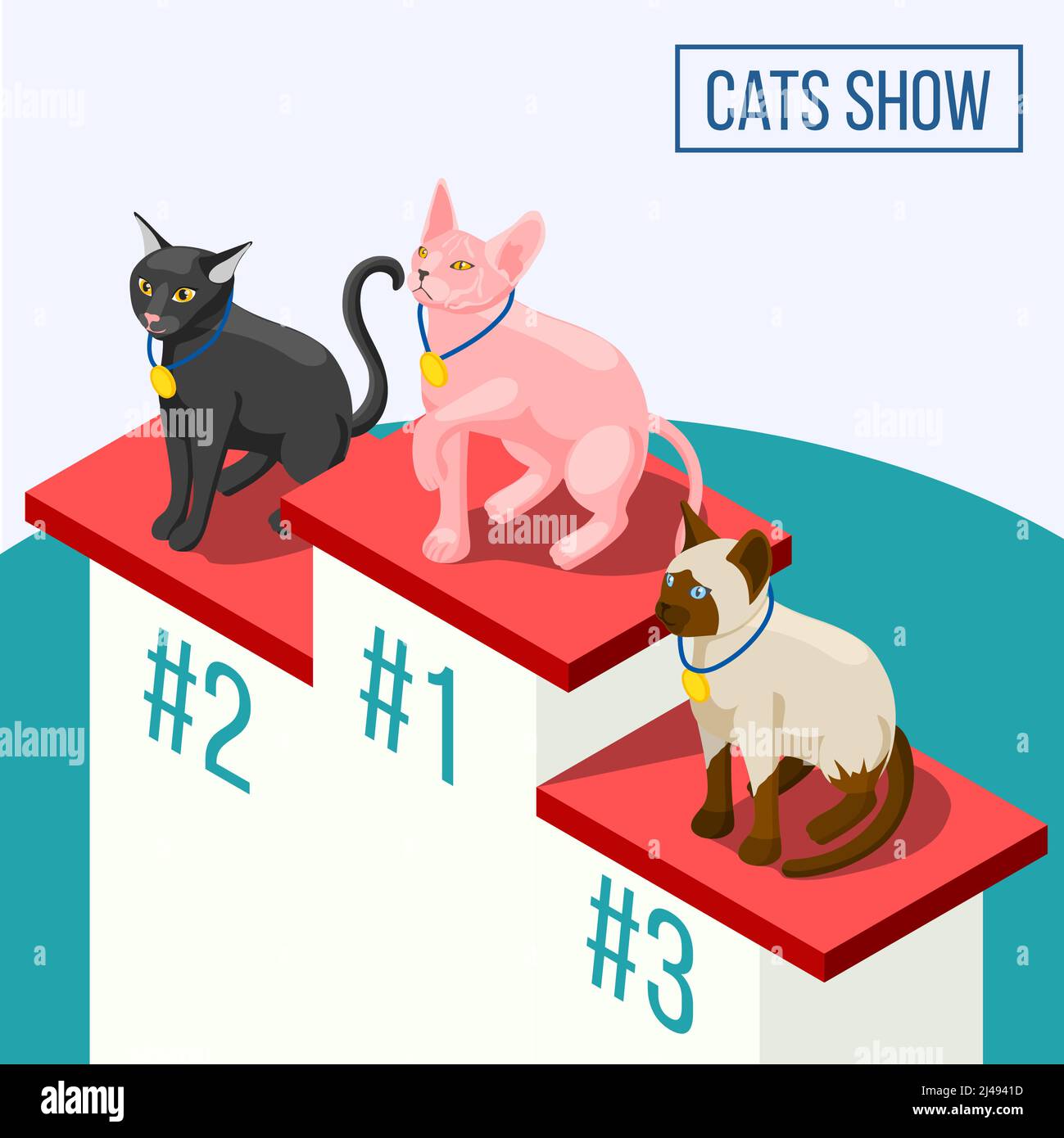 Cats show isometric composition including animals winners with medals ...