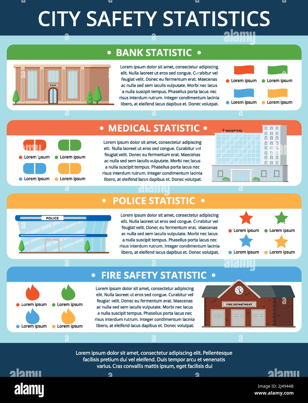 Municipal buildings flat infographics with pictograms and images of ...