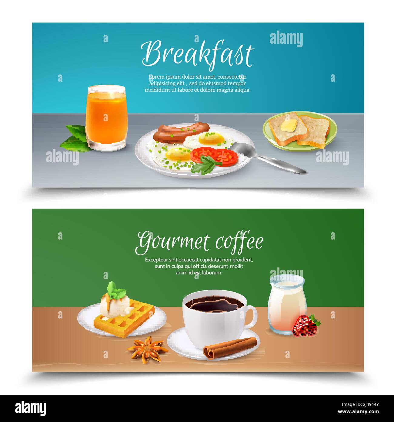 Realistic set of two horizontal banners with served tasty breakfast ...