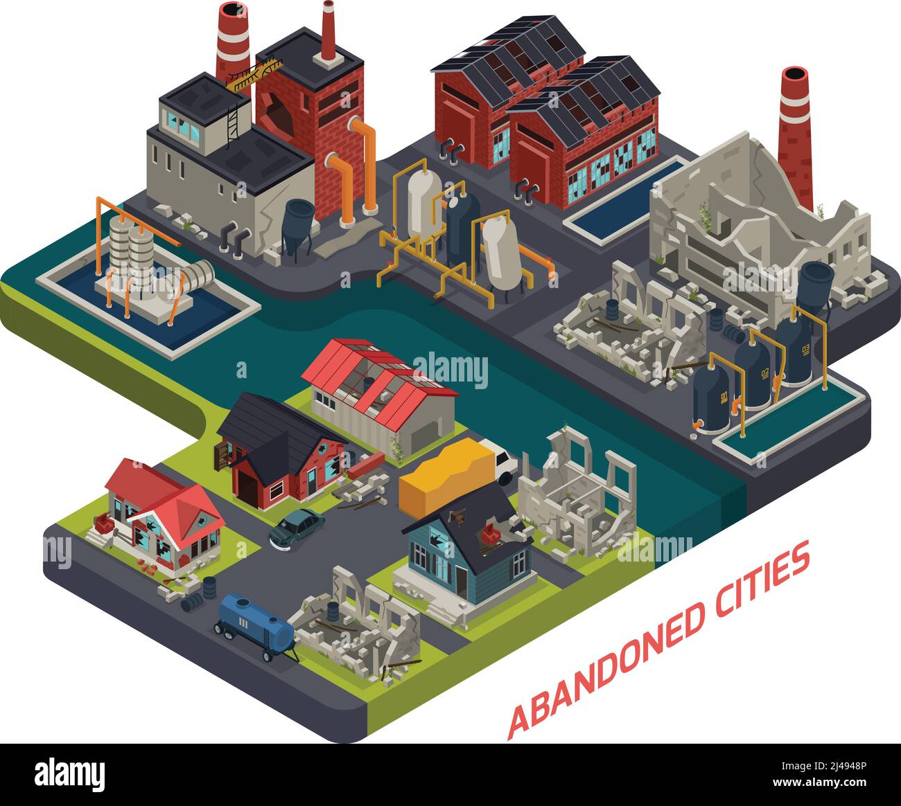 Abandoned cities isometric composition with desolate living houses ...