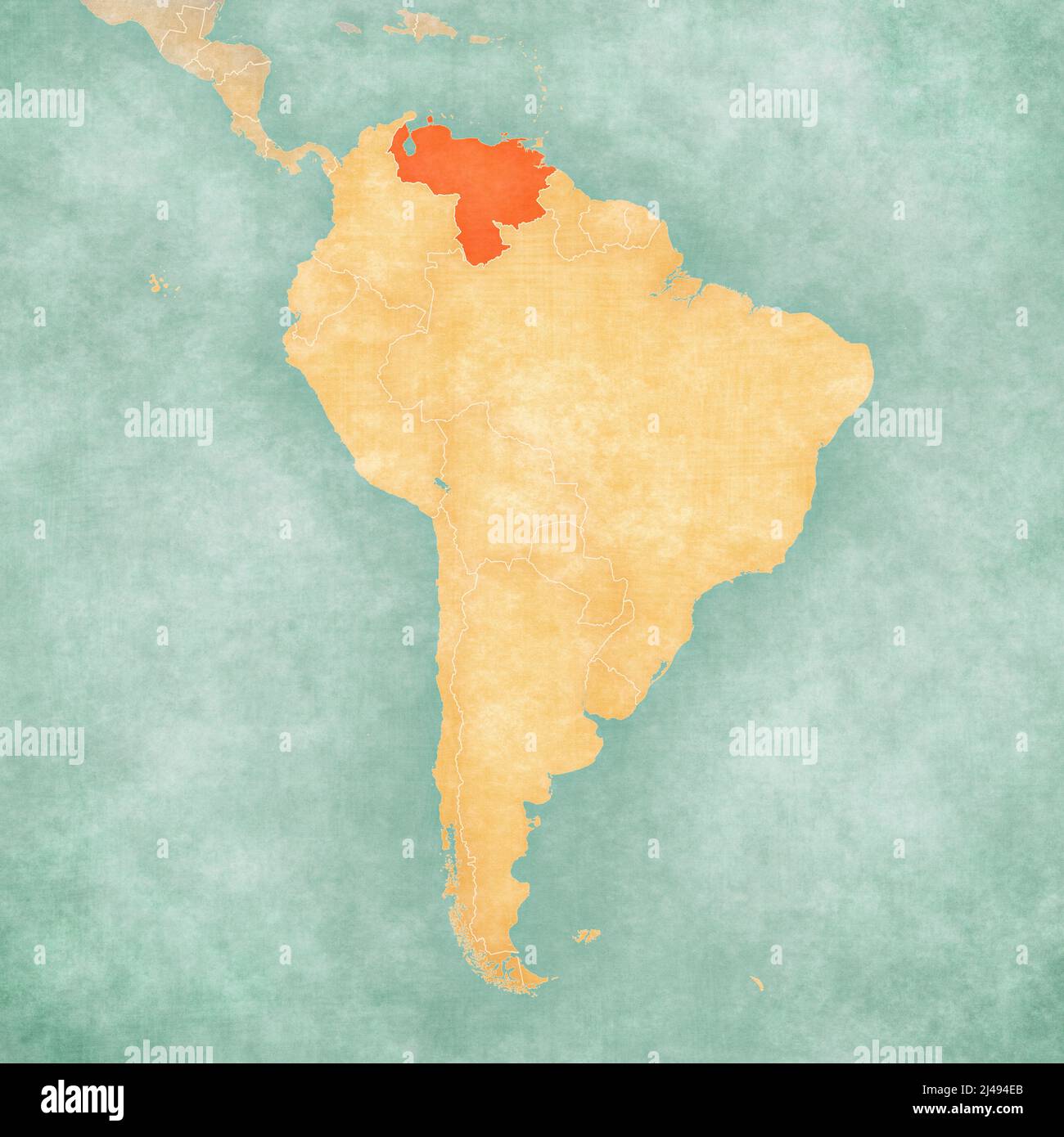Venezuela on the map of South America in soft grunge and vintage style ...