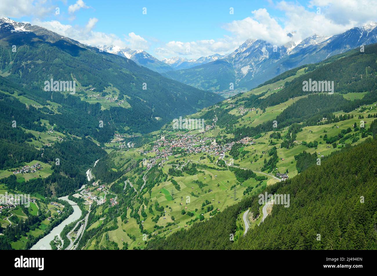 Austria, Tyrol, landscape Inn valley with village Fliess and Austrian ...