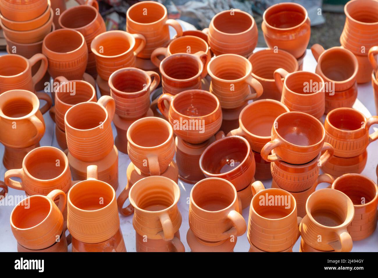 Handmade clay tea cups on display for sale at a handicraft fare at ...