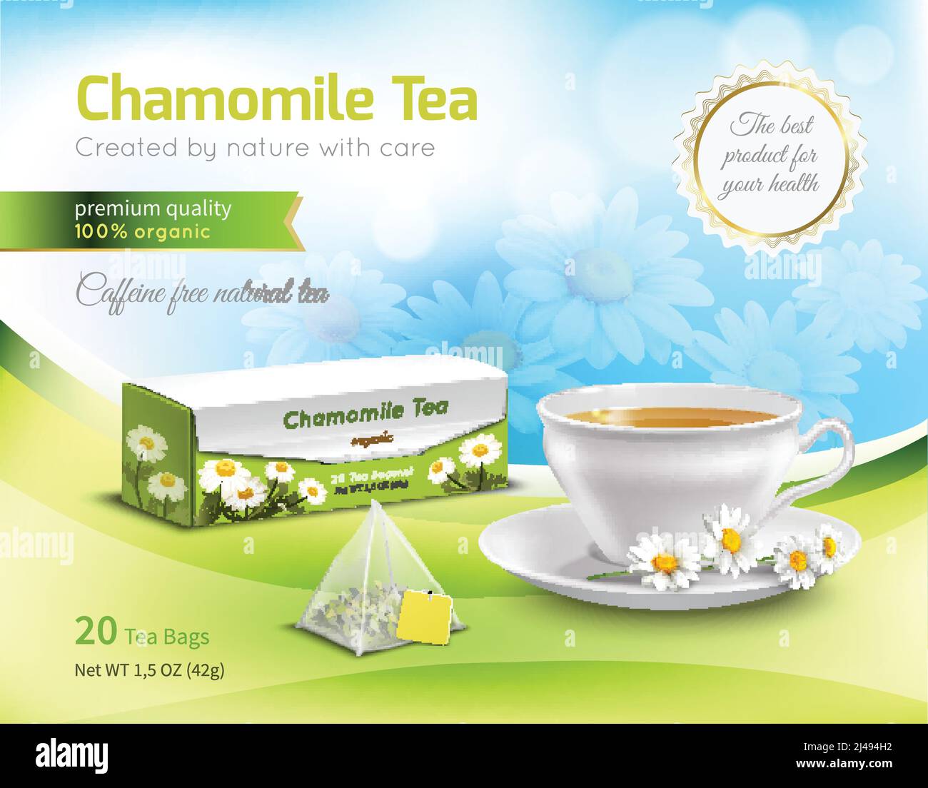 Chamomile tea advertising realistic composition on blue blurred ...