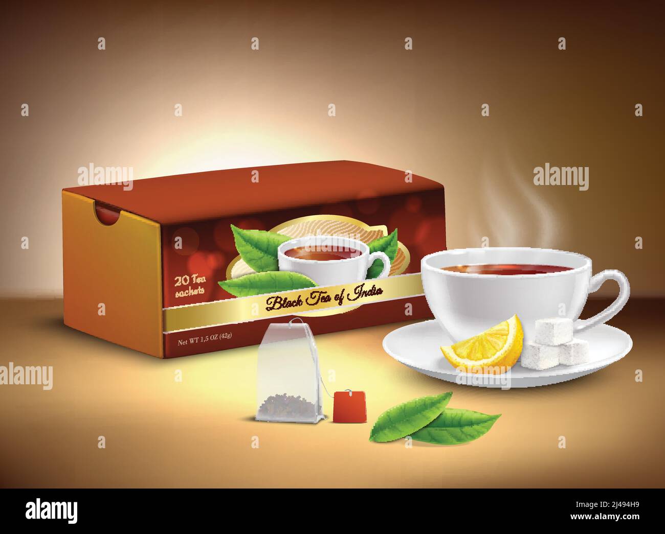 Black tea cardboard packaging, cup of hot drink with sugar and lemon ...