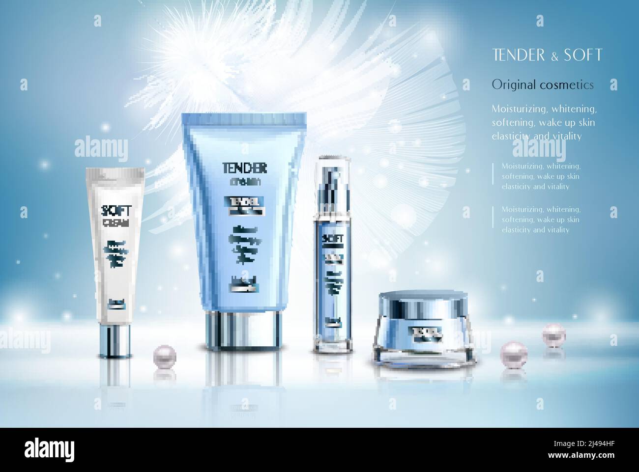 Cosmetics creams and essence, ad composition on blue blurred background ...