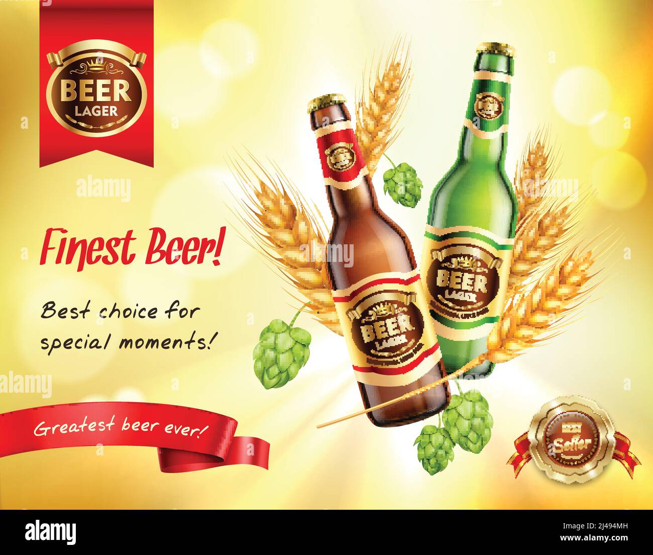 Beer realistic ad composition on yellow blurred background with glass ...