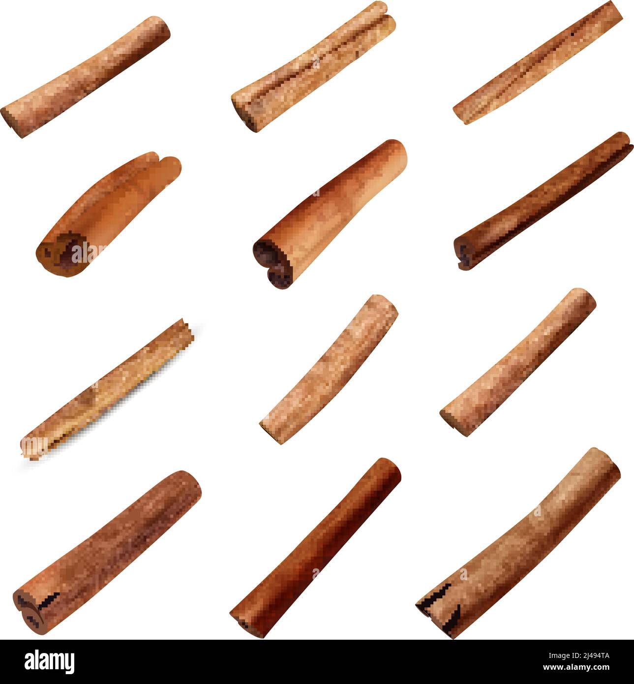 Set of 3d cinnamon sticks of brown color in roll shape isolated on ...