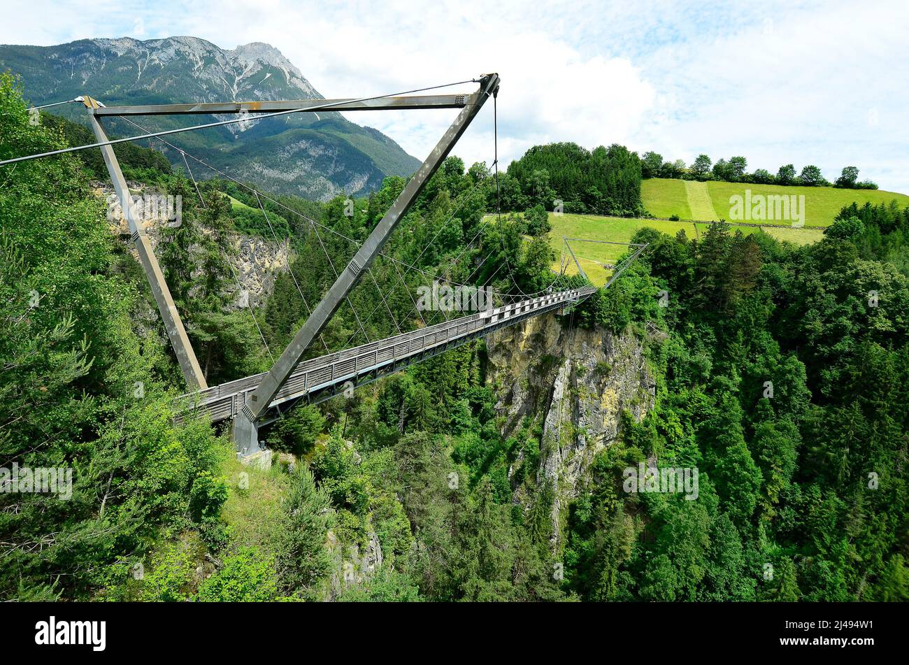 Austria, Tyrol, supension bridge over canyon of Pitze river Stock Photo ...