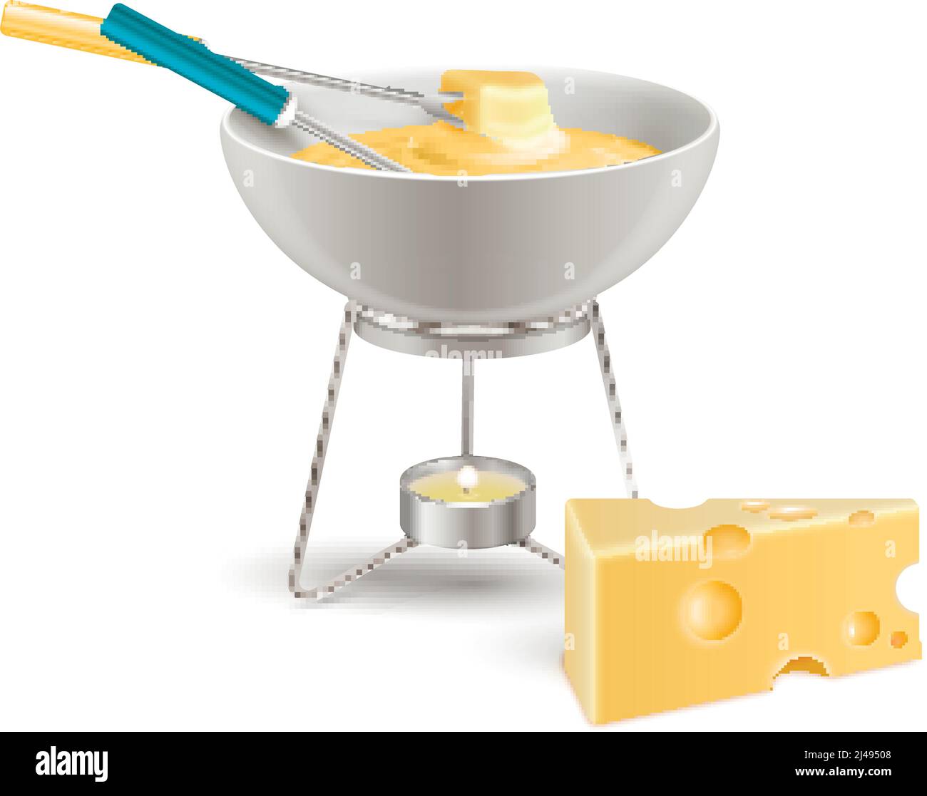 Cheese fondue in ceramic bowl on fire from candle realistic composition ...