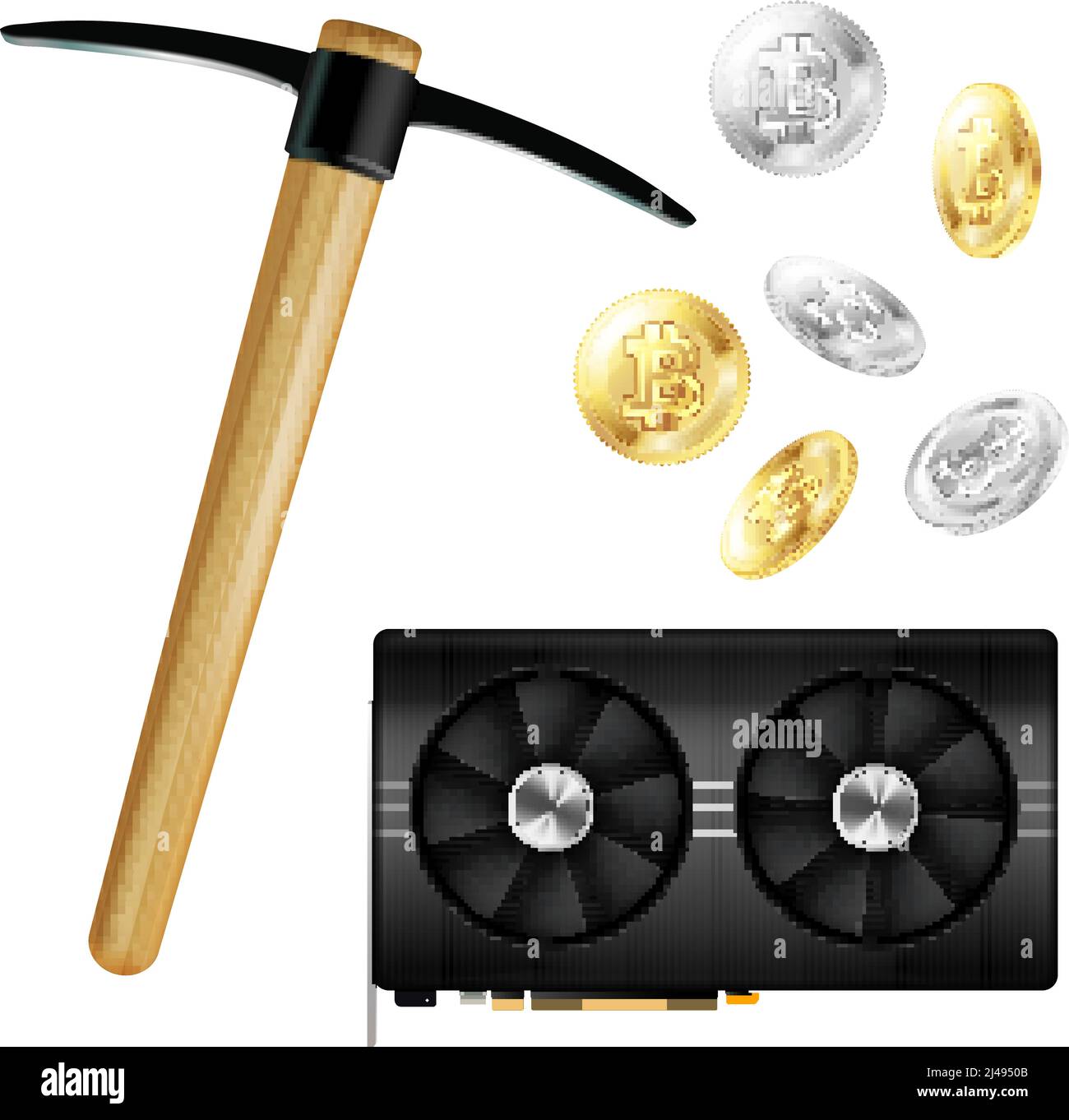 Crypto currency mining realistic icons with pick, golden and silver ...