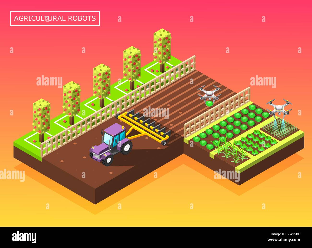 Agricultural robots isometric composition with tractor plowing field ...