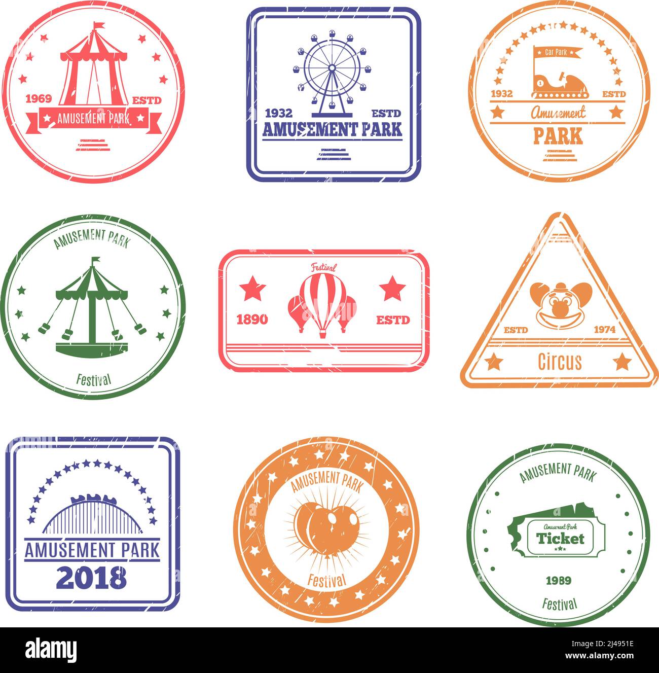 Amusement park stamps collection of isolated postal stamps of different ...