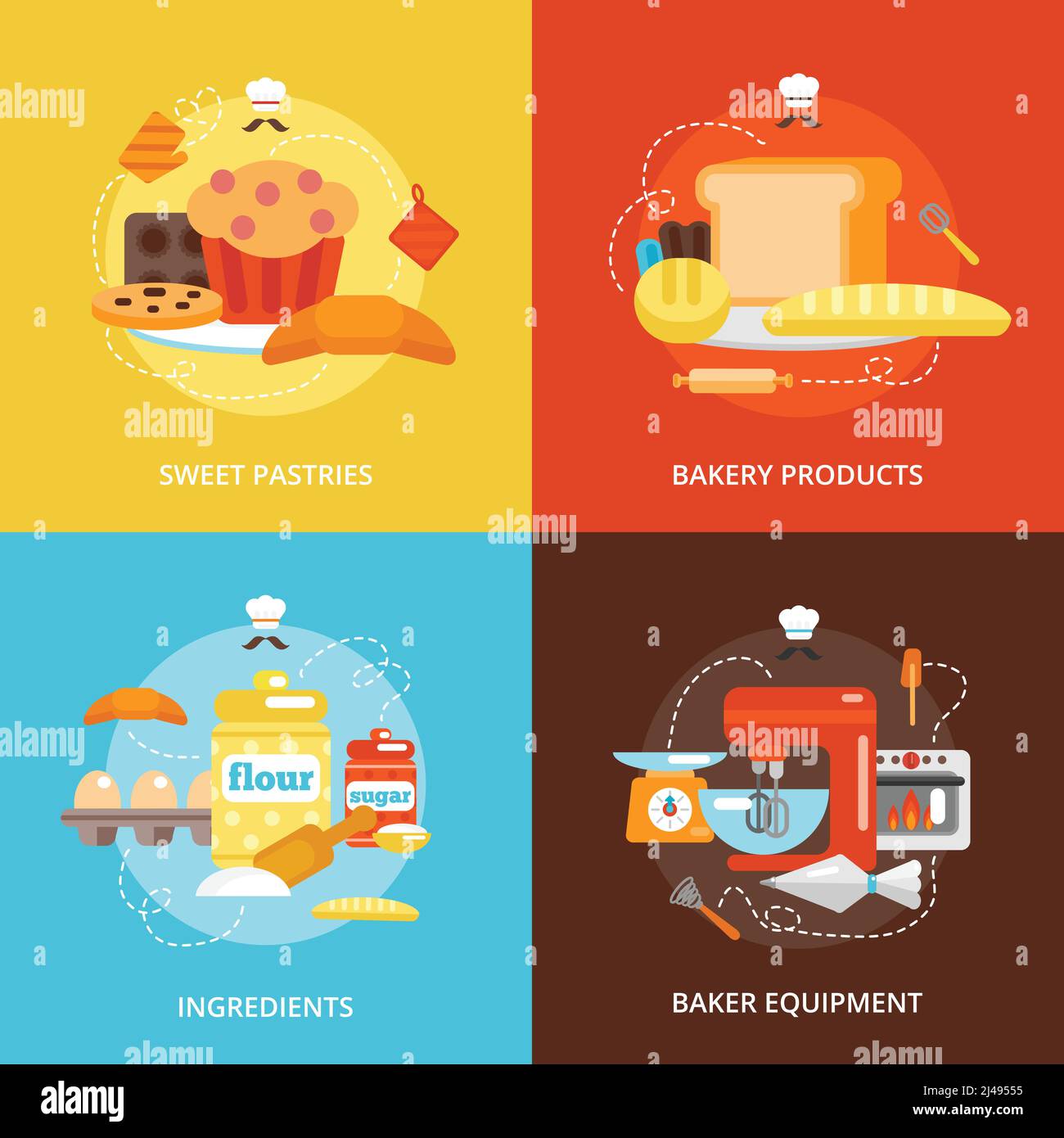 Bakery flat icons set with sweet pastries products ingredients baker ...