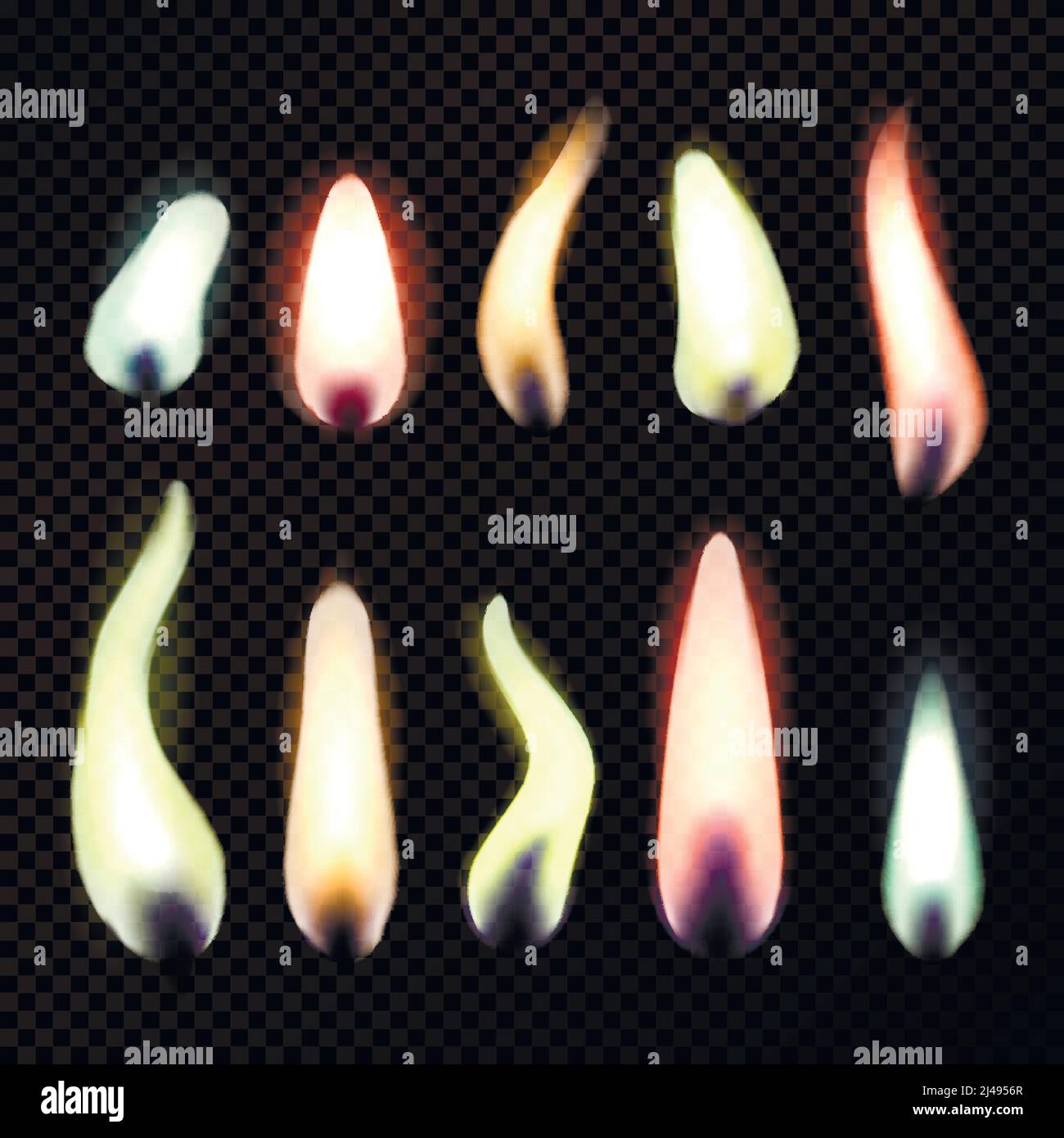 Realistic set of colorful burning candle bright flames isolated on dark ...