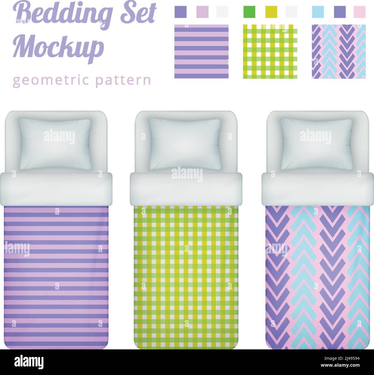 Realistic single bed bedding set of three isolated beds and abstract ...