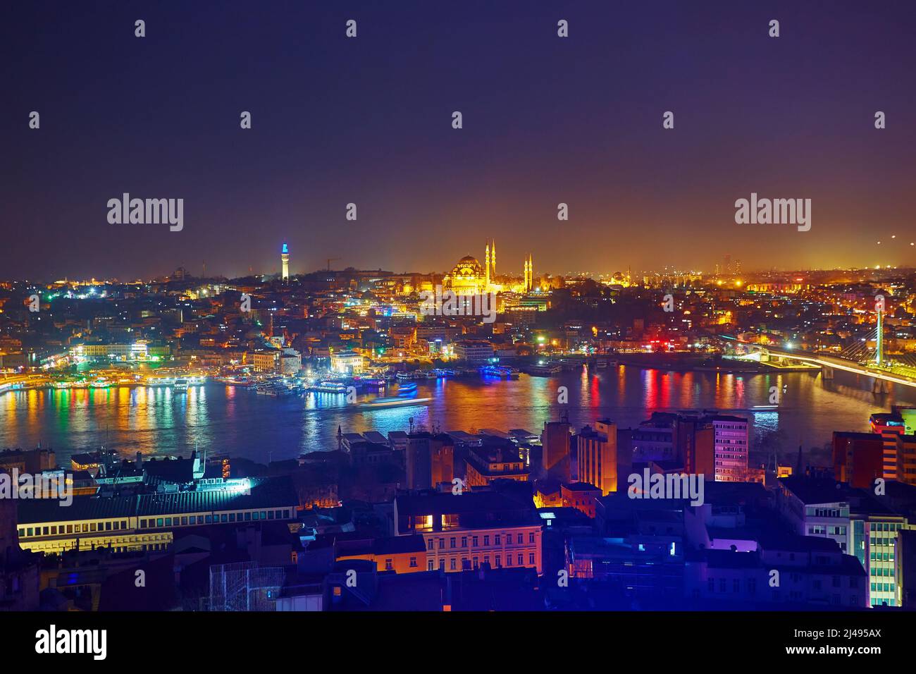 Night lights of Istanbul view from the Galata tower. Retro style Stock ...