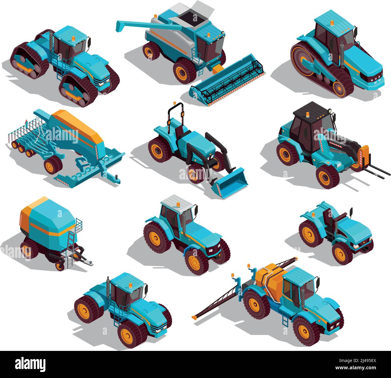 Agricultural machines isometric icons set with tractor and sprayer ...