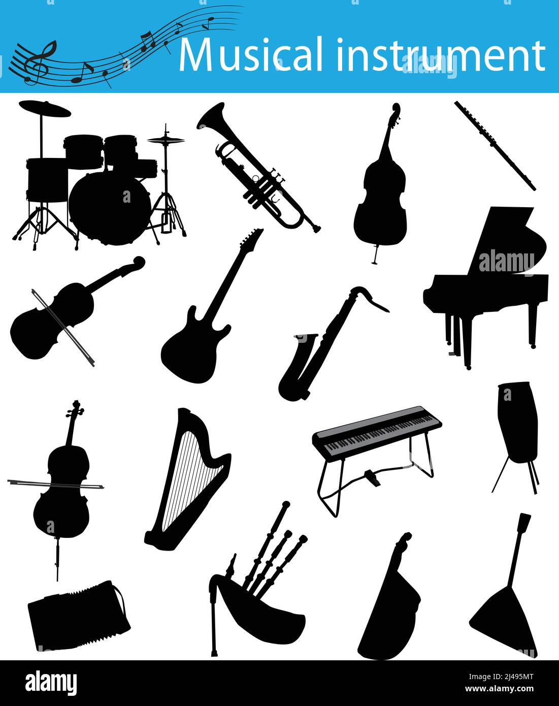 Collection of silhouettes of musical instruments: accordion, bagpipe ...