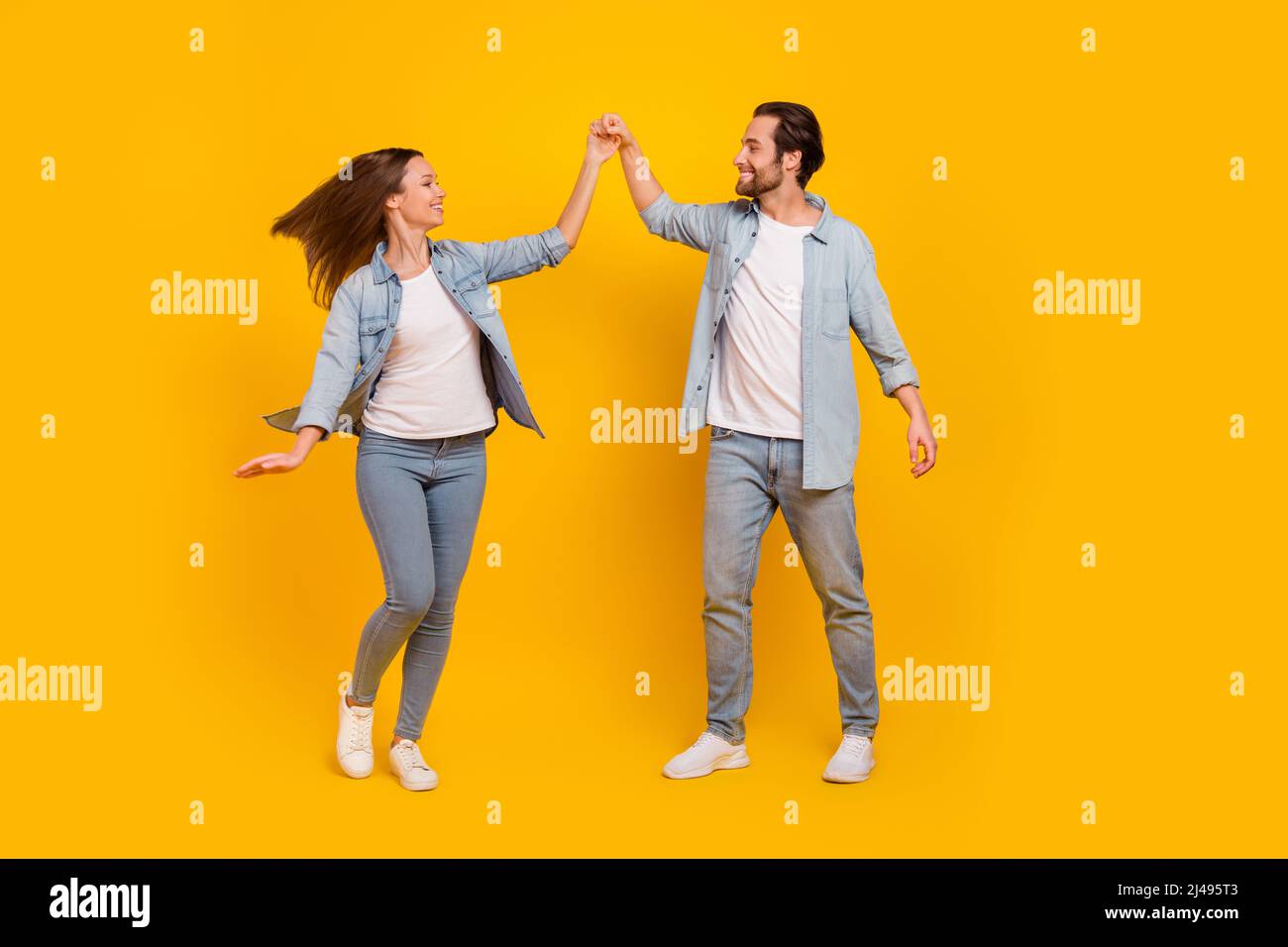 Full length body size view of attractive cheery funny people dancing ...