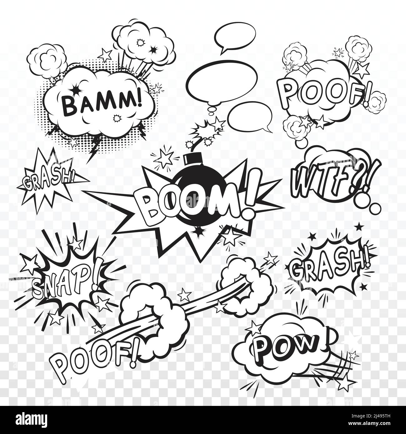 Comic black speech bubbles in pop art style with bomb cartoon explosion snap boom poof text set ...