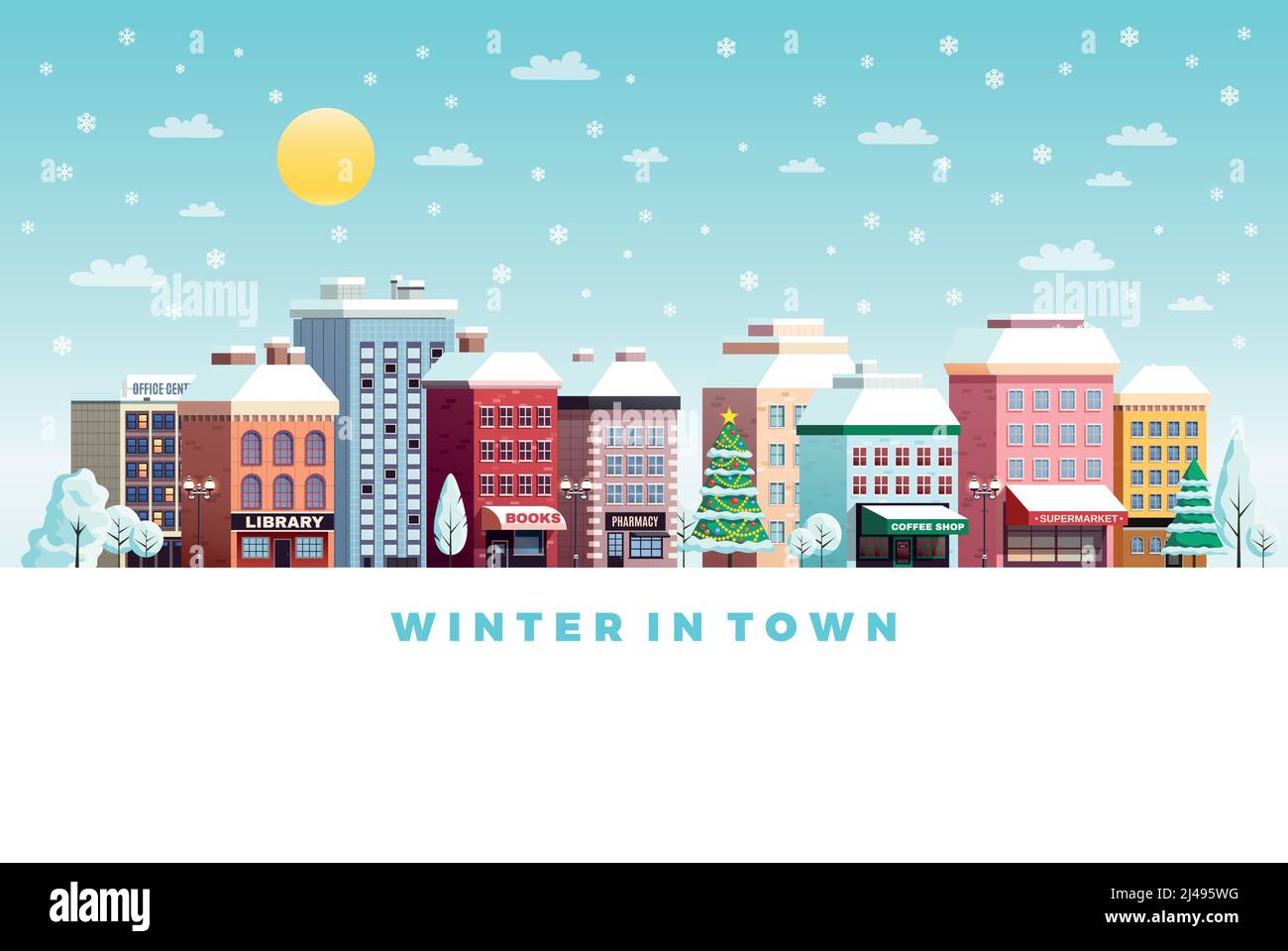 Sunny winter day traditional town street buildings snowy landscape with ...
