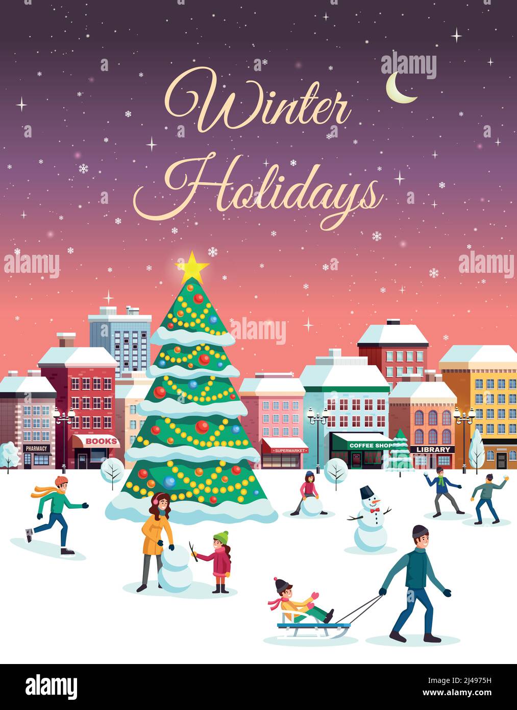 Winter holidays festive invitation poster greeting card with snowy city ...
