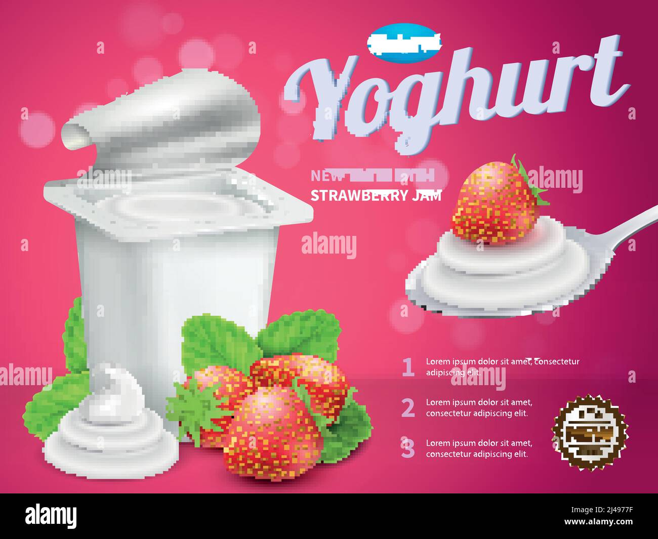 Yoghurt package advertising composition with strawberry yoghurt symbols ...