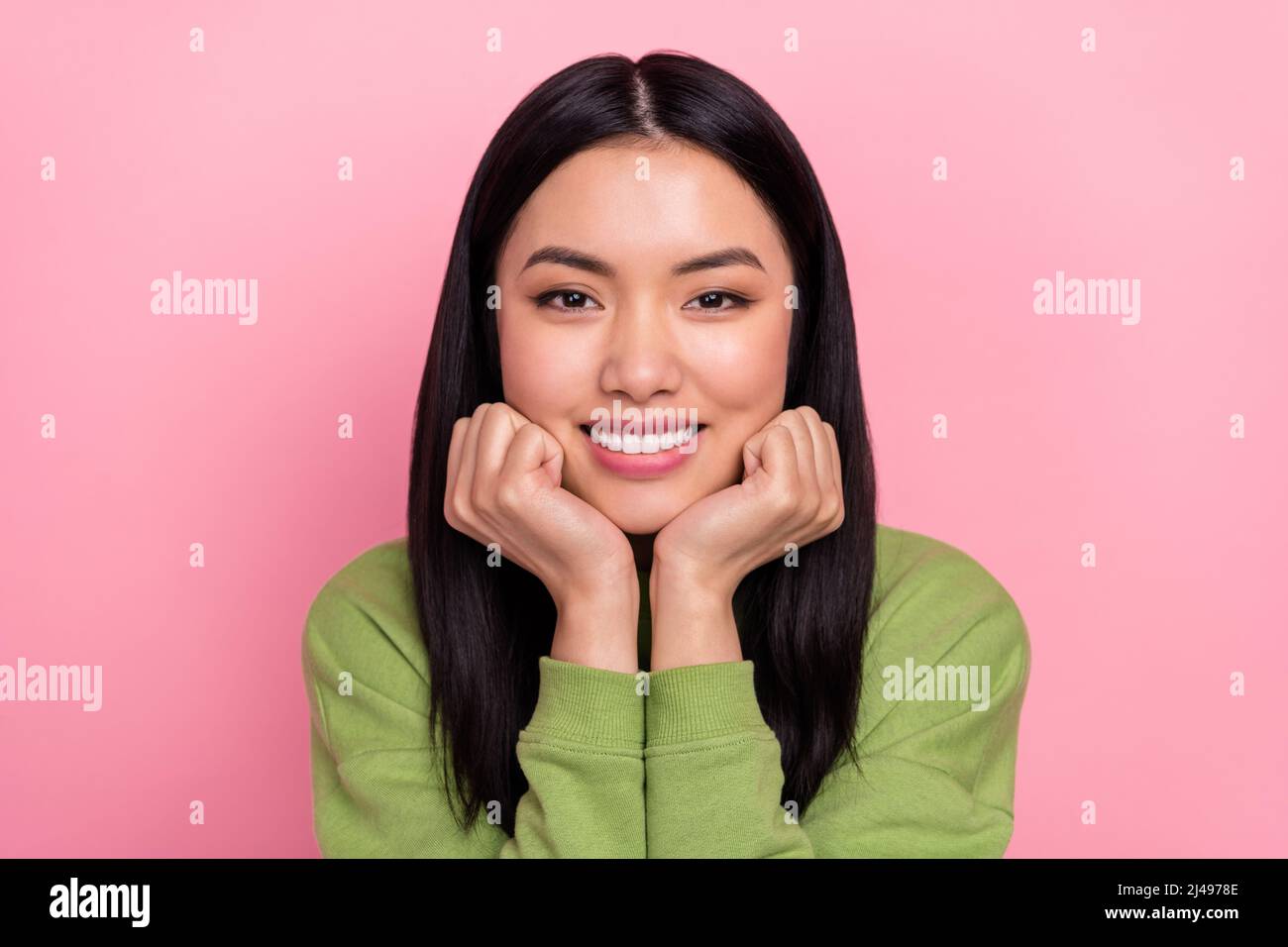 Photo of cool millennial lady hands face wear jumper isolated on pink ...