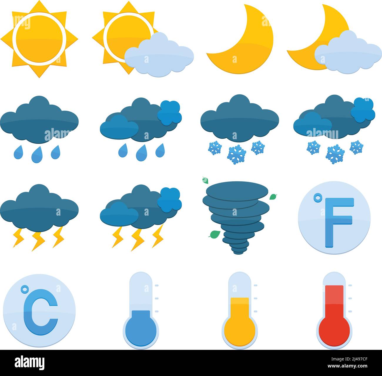 Weather forecast symbols color icons set of sun cloud rain snow ...