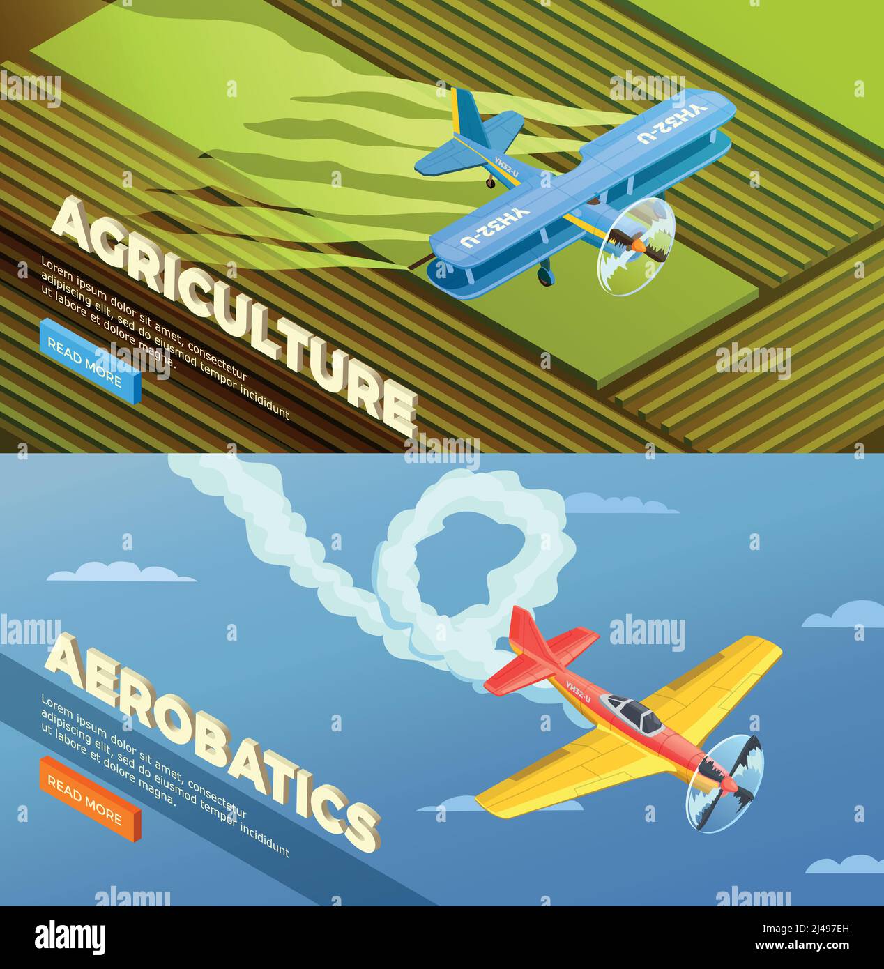 Airplanes helicopters isometric banners set with read more button and ...