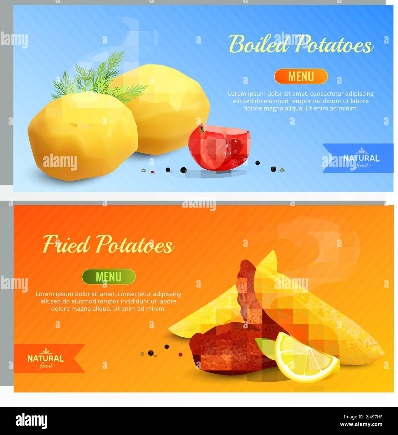 Boiled and fried potatoes decorated with red tomato dill and lemon ...