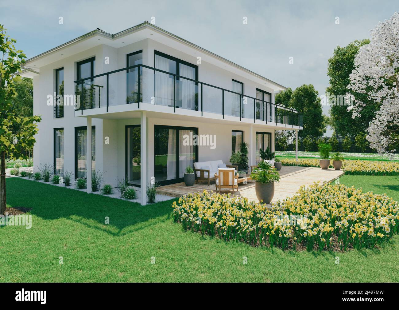 3D illustration. new house with garden. spring time Stock Photo - Alamy