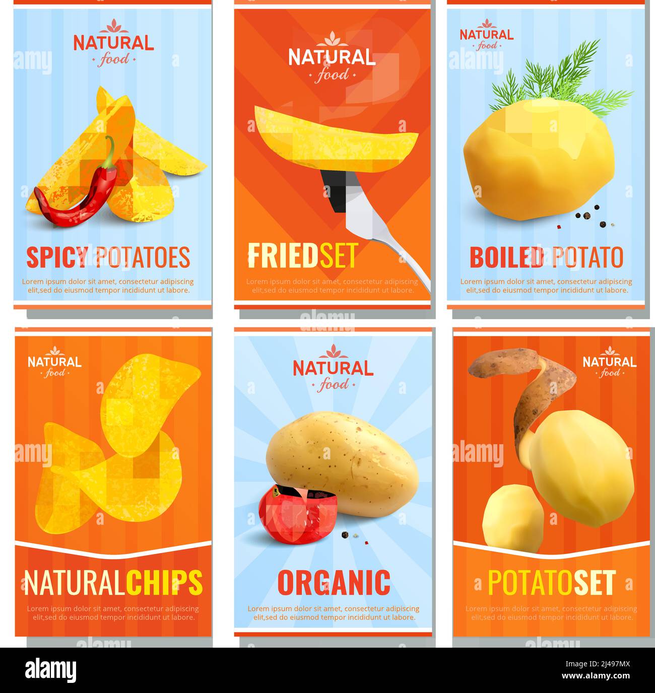 Composition of six cards with images of boiled potato fried spicy and ...