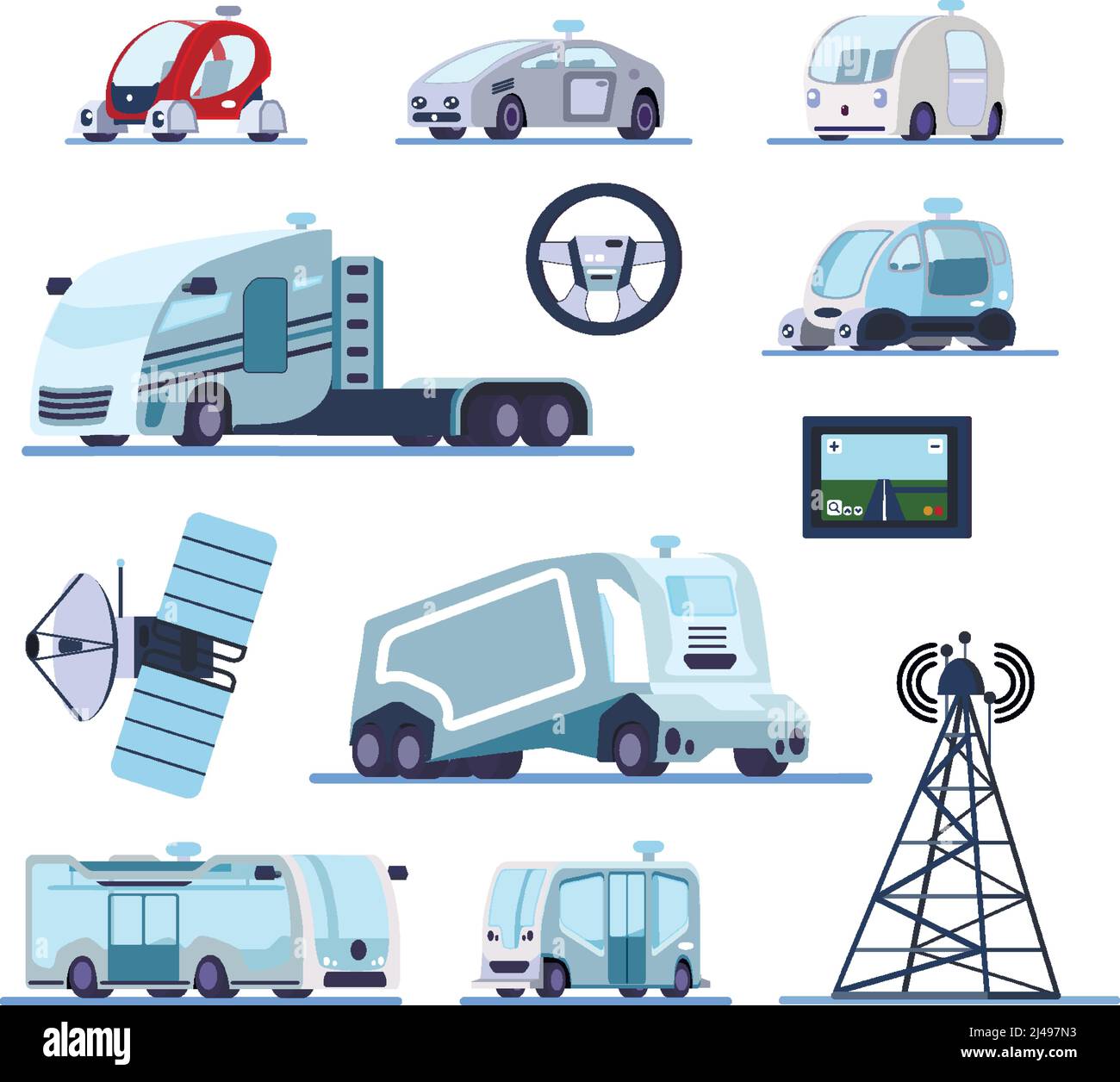 Autonomous vehicles cruise system flat icons set with unmanned car ...