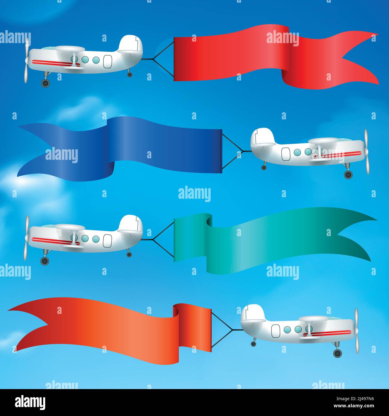 Aerial advertising airplanes parade flying giant colorful flags banners ...