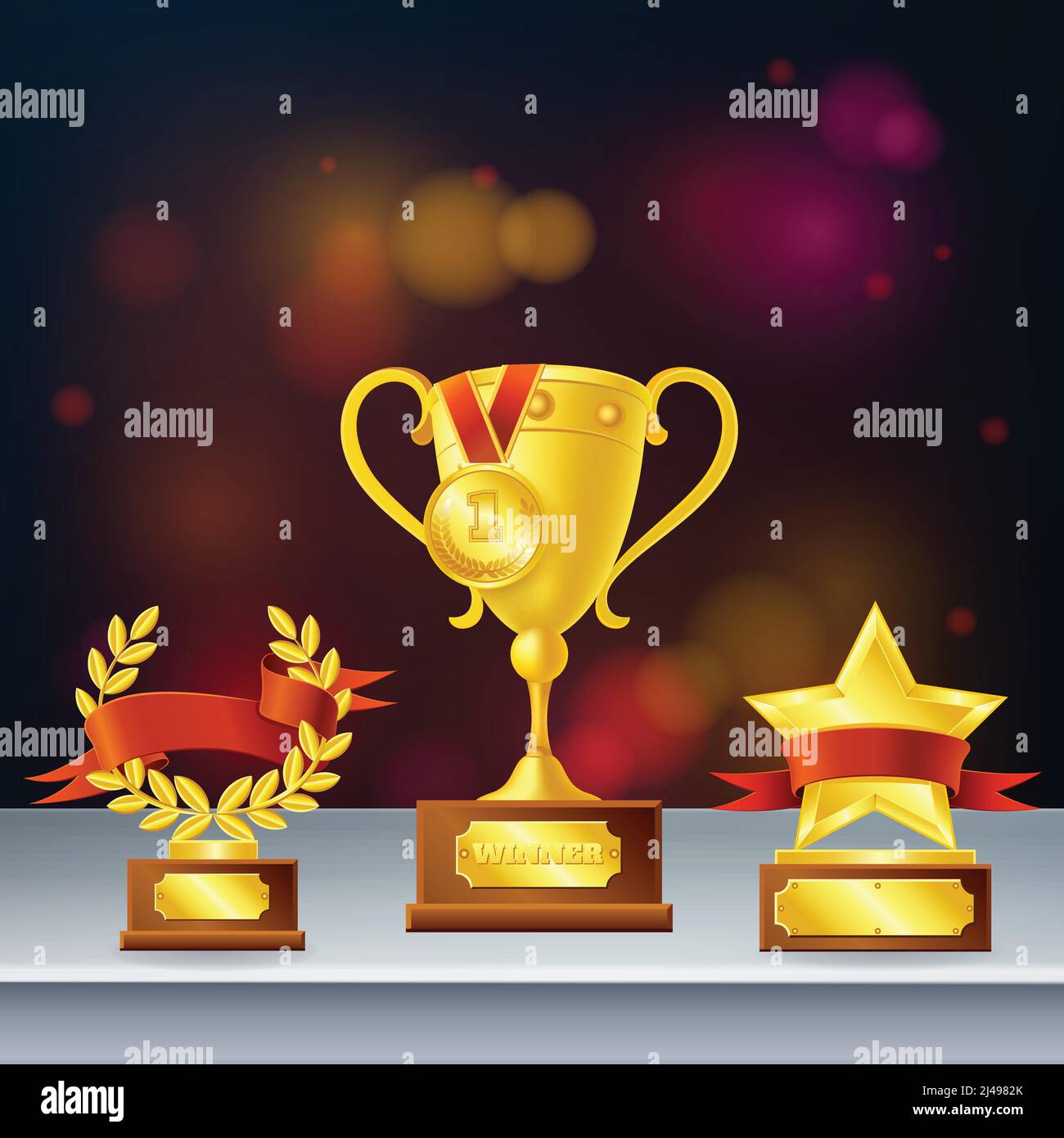 Awards realistic composition with trophies for winner, laurel wreath ...